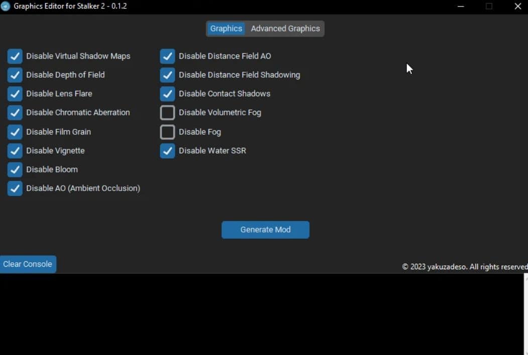 Graphics Editor Optimizer Performance Tweaks Disable Post Processing Effects Stalker 2 Mod